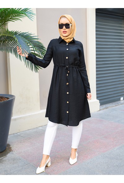 Por La Cara Belinden Bağcıklı Gömlek Tunik - Siyah - Por La Cara