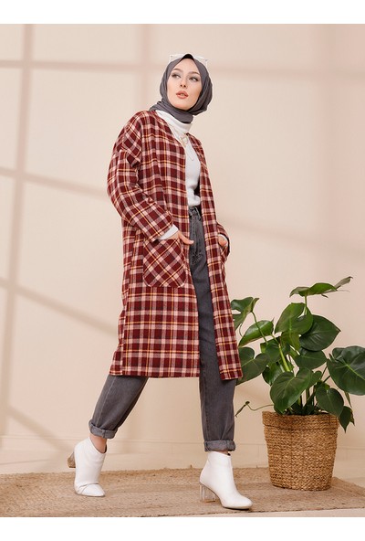 Tofisa Ekoseli Cepli Ceket - Bordo - Tofisa