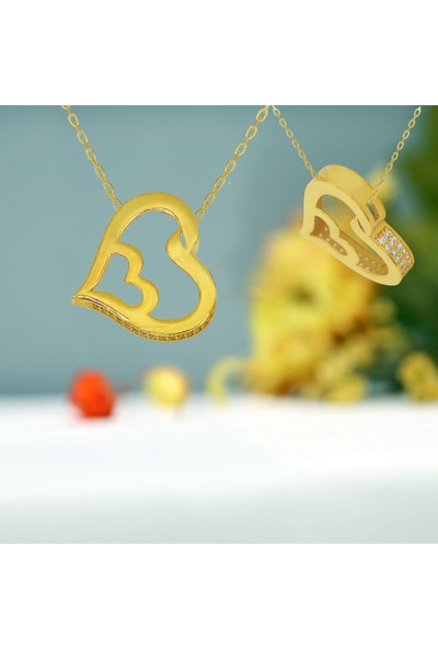 Takı Boom Beyaz Taşlı 2'li Kalp Gümüş Kolye