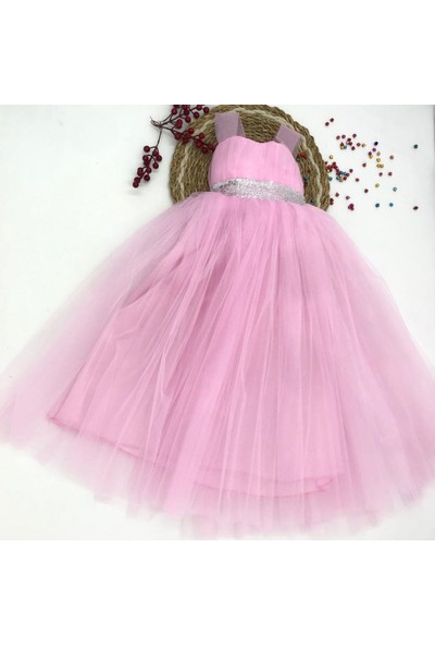Pera Kız Çocuk Tul Askılı Bel Kemer Payet Kuşaklı Abiye Elbise