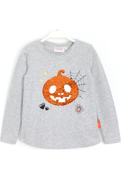 Emoji Çift Yönlü Payetli Kız Çocuk Mevsimlik Bluz 7 - 14 Yaş Gri