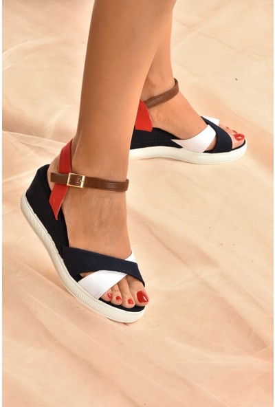 Fox Shoes Lacivert/beyaz/kırmızı Keten Kadın Dolgu Topuklu Ayakkabı K674305005 Fox Shoes Lacivert/beyaz/kırmızı Keten Kadın Dolgu Topuklu Ayakkabı K674305005
