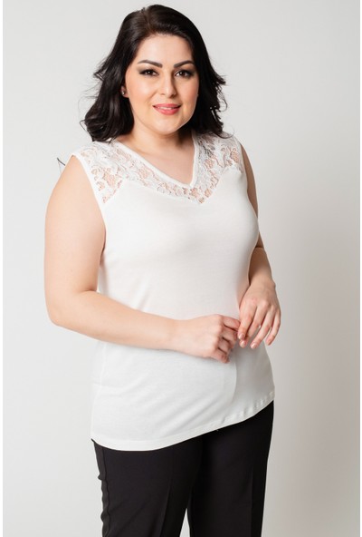 Ebsumu Kadın Büyük Beden Dantel Yaka Kolsuz Beyaz Bluz
