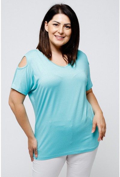 Kadın Büyük Beden V Yaka Basic Omuz Dekolteli Turkuaz Tişört