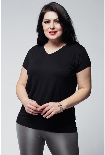 Ebsumu Kadın Büyük Beden V Yaka Basic Kısa Kollu Siyah Tişört