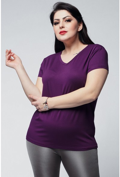 Ebsumu Kadın Büyük Beden V Yaka Basic Kısa Kollu Mor Tişört