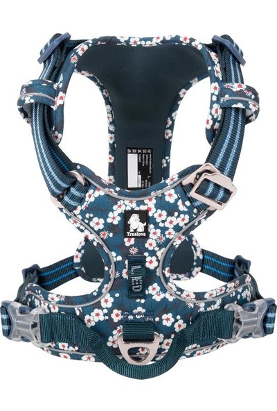 True Love Çiçek Desenli, Alüminyum D-Halkalı, Ergonomik Mavi Göğüs Tasması