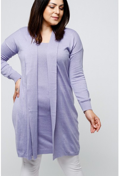 Ebsumu Kadın Büyük Beden Içli Dışlı Pamuk Lila Hırka