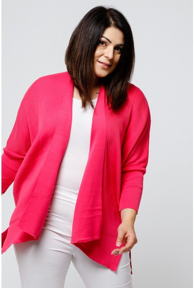 Ebsumu Kadın Büyük Beden Pamuk Yarasa Kol Fuşya Hırka