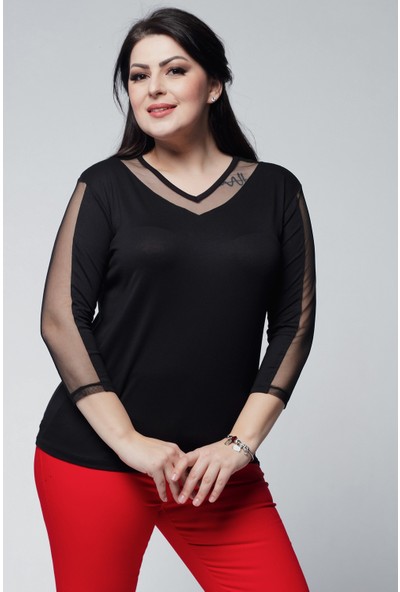 Ebsumu Kadın Büyük Beden Yaka, Sırt ve Kolları Tül Detaylı V Yaka Siyah Bluz