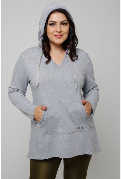 Ebsumu Kadın Büyük Beden V Yaka Cepli ve Kapüşonlu Gri Sweatshirt Ebsumu Kadın Büyük Beden V Yaka Cepli ve Kapüşonlu Gri Sweatshirt