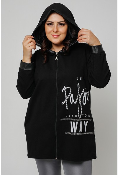 Ebsumu Kadın Büyük Beden Deri Garnili ve Boncuklu Fermuarlı Siyah Sweatshirt Ebsumu Kadın Büyük Beden Deri Garnili ve Boncuklu Fermuarlı Siyah Sweatshirt