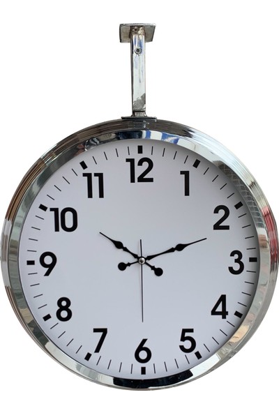 Platin Saat 40 cm Krom Metal Klasik Istasyon Duvar Saati