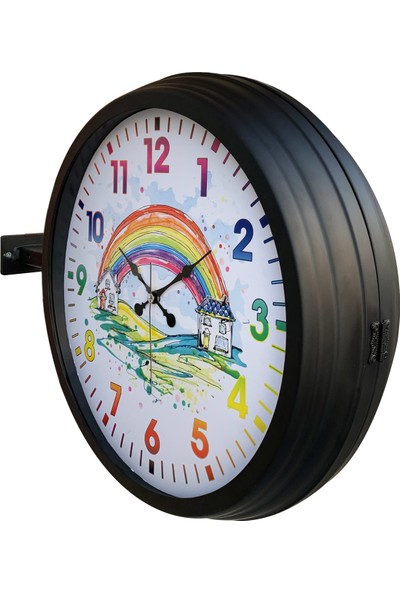 Platin Saat 40 cm Siyah Metal Çocuk Gökkuşağı Istasyon Duvar Saati