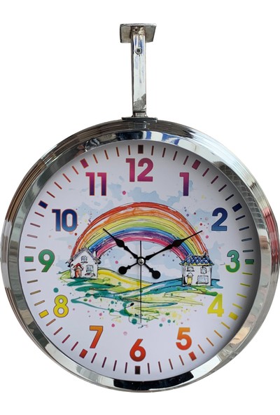 Platin Saat 40 cm Krom Metal Çocuk Gökkuşağı Istasyon Duvar Saati