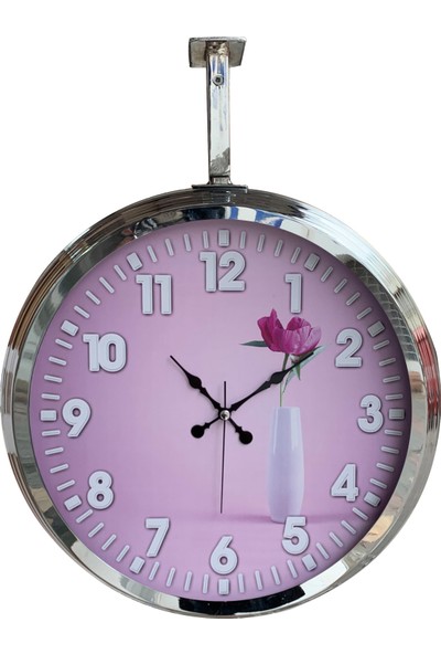 Platin Saat 40 cm Krom Metal Çiçek Istasyon Duvar Saati