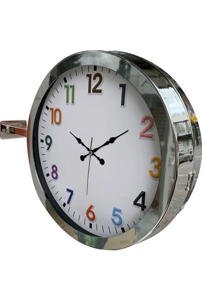 Platin Saat 36 cm Krom Metal Renkli Sayı Istasyon Duvar Saati