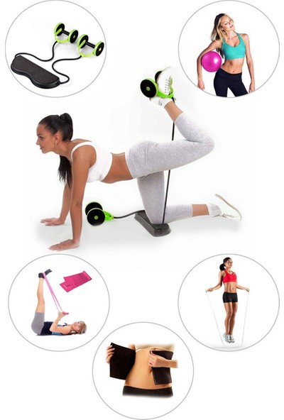 Spor Byfit Lastikli Tekerlekli Egzersiz Aleti Rv + Denge Topu + Band + Atlama Ipi + Kemer - 5'li Set