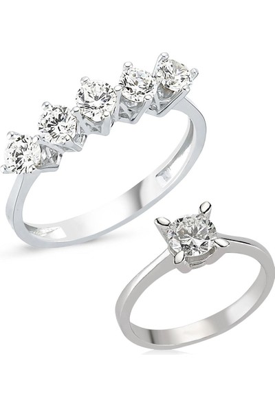 Takı Dükkanı Gümüş Beştaş ve Tektaş Yüzük Seti WSR117TB