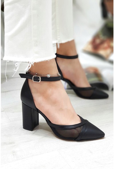 Erkan Saçmacı Siyah Parçalı Fileli Kalın Topuklu Kadın Ayakkabısı