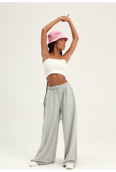 Quzu Beli Lastikli Bol Paça Eşofman Açık Gri