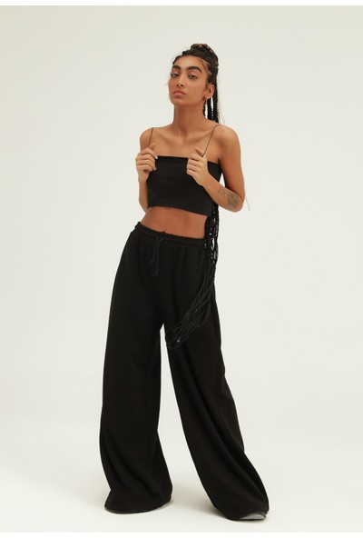 Quzu Beli Lastikli Bol Paça Eşofman Siyah