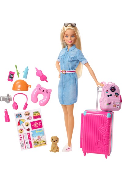 Barbie Seyahatte Bebeği ve Aksesuarları, Köpekçik, Bavul ve 10'dan Fazla Aksesuarlı FWV25 Barbie Seyahatte Bebeği ve Aksesuarları, Köpekçik, Bavul ve 10'dan Fazla Aksesuarlı FWV25