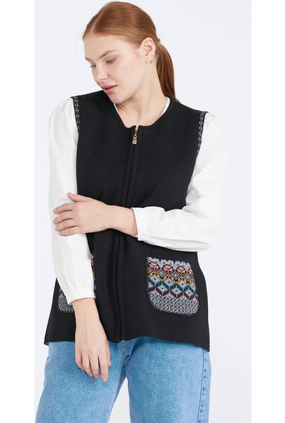 Sementa Kadın Cepli Fermuarlı Triko Yelek - Siyah - Gri