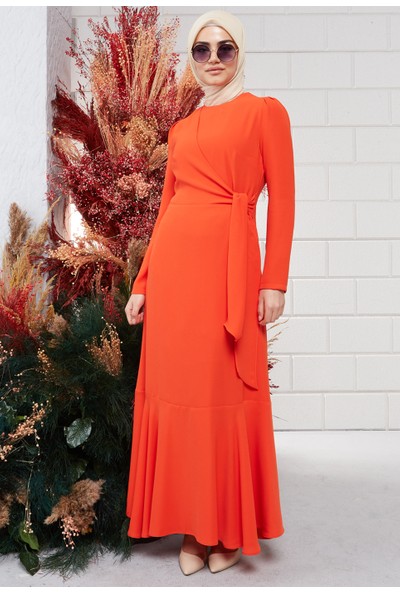 SETRMS Etek Ucu Volanlı Kemerli Elbise