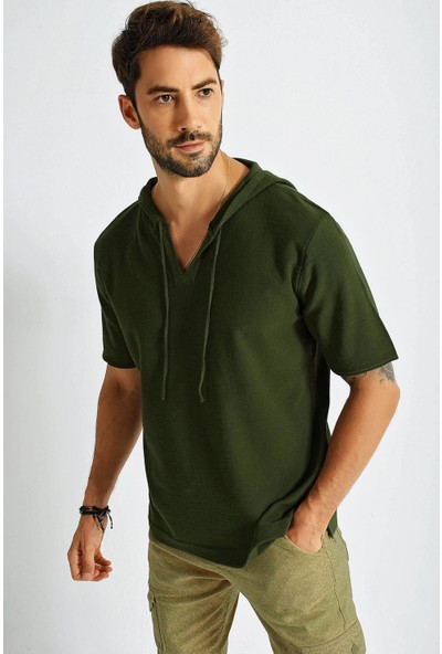 Chuba Erkek Kapüşonlu Kısa Kollu Oversize Triko Kazak 21W302 Chuba Erkek Kapüşonlu Kısa Kollu Oversize Triko Kazak 21W302