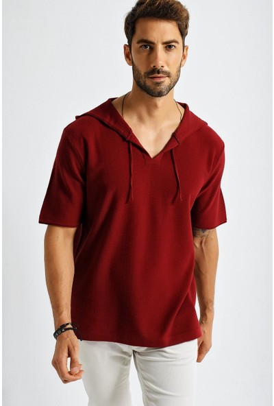 Chuba Erkek Kapüşonlu Kısa Kollu Oversize Triko Kazak 21W302