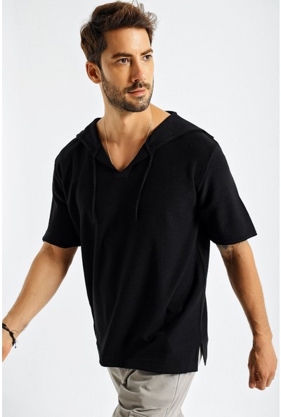 Chuba Erkek Kapüşonlu Kısa Kollu Oversize Triko Kazak 21W302 Chuba Erkek Kapüşonlu Kısa Kollu Oversize Triko Kazak 21W302