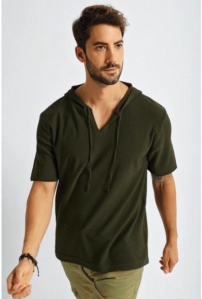 Chuba Erkek Kapüşonlu Kısa Kollu Oversize Triko Kazak 21W302