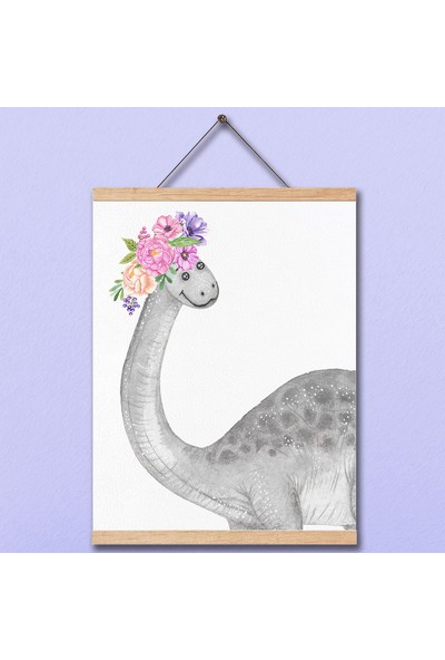 DekorLoft Karakalem Brachiosaurus Çiçekli Dinozor Askılı Pu Deri Çocuk Odası Tablosu