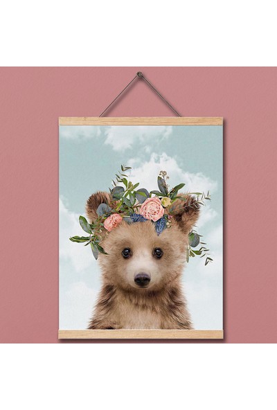 DekorLoft Çiçekli Ayı Hayvan Desenli Askılı Pu Deri Çocuk Odası Tablosu