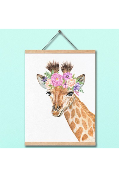 DekorLoft Çiçekli Zürafa Askılı Pu Deri Çocuk Odası Tablosu