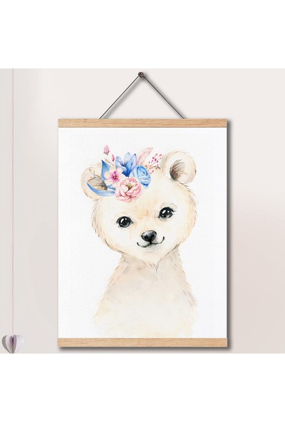 DekorLoft Çiçekli Beyaz Ayıcık Askılı Pu Deri Çocuk Odası Tablosu