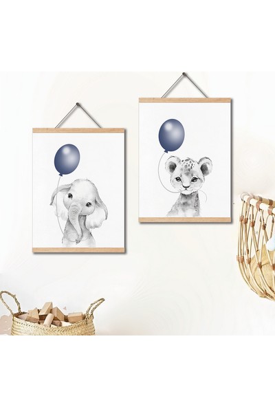 DekorLoft Balonlu Fil ve Çita Ikili Askılı Pu Deri Çocuk Odası Tablosu