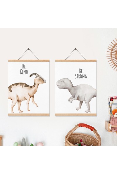 DekorLoft Nostaljik Dinozor Arkadaşlar Ikili Askılı Pu Deri Çocuk Odası Tablosu