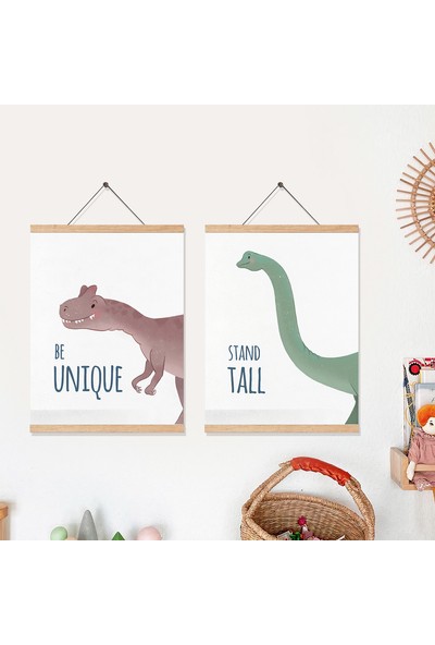 DekorLoft Nostaljik Dinozor Arkadaşlar Ikili Askılı Pu Deri Çocuk Odası Tablosu