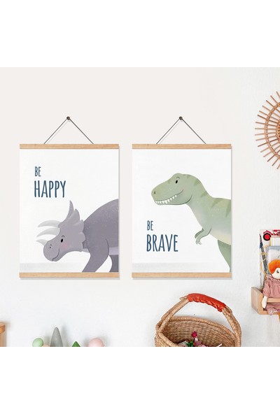 DekorLoft Nostaljik Dinozor Arkadaşlar Ikili Askılı Pu Deri Çocuk Odası Tablosu