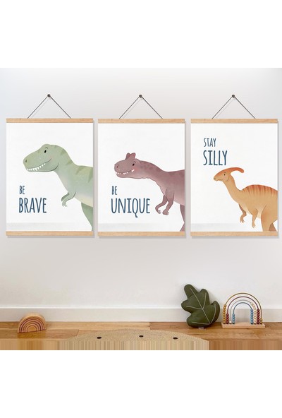 DekorLoft Dinozor Dekoru Üçlü Askılı Pu Deri Çocuk Odası Tablosu DekorLoft Dinozor Dekoru Üçlü Askılı Pu Deri Çocuk Odası Tablosu