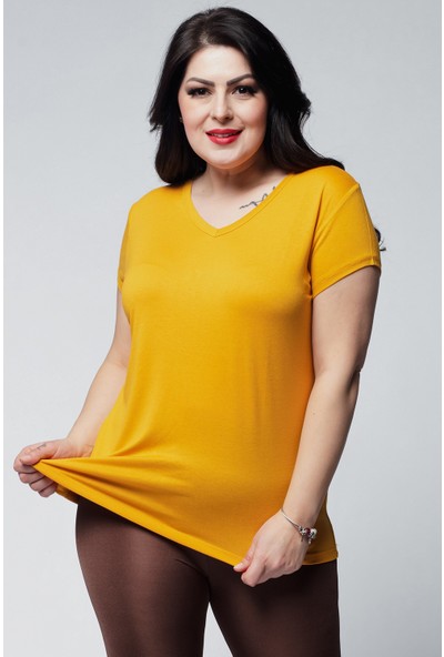 Ebsumu Kadın Büyük Beden V Yaka Basic Kısa Kollu Hardal Tişört