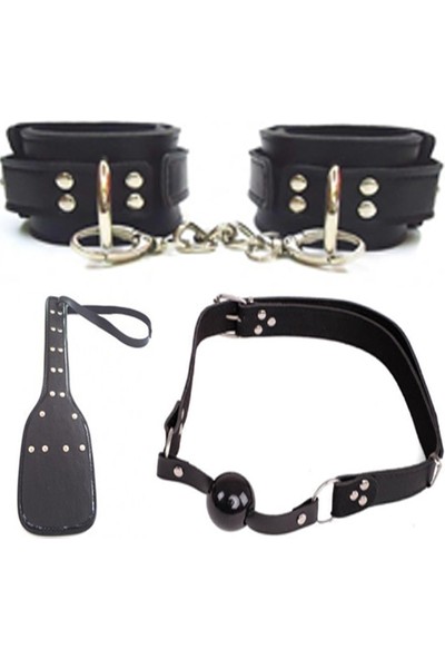 Hintohu Deri Fantazi Şaplak Siyah + Deri Fantazi Ağız Topu + Deri Fantazi Kelepçe 3 Lü Set
