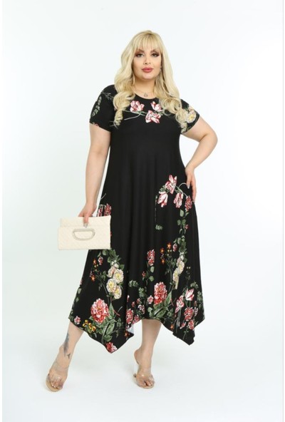 Hera Xl Kadın Siyah Asimetrik Kesim Çiçek Desenli Büyük Beden Elbise