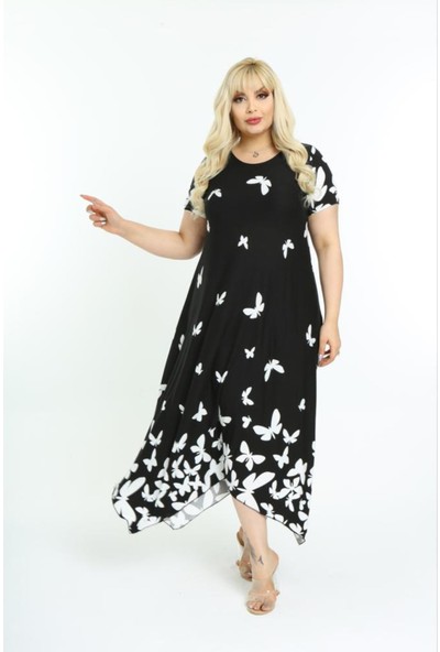 Hera Xl Kadın Siyah Asimetrik Kesim Desenli Büyük Beden Elbise