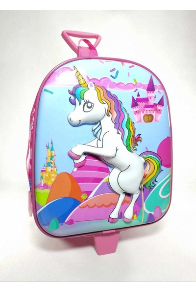 Dünyanın Çantası Kız Çocuk Pembe Çekçekli Unicorn Anaokulu Kreş Çantası