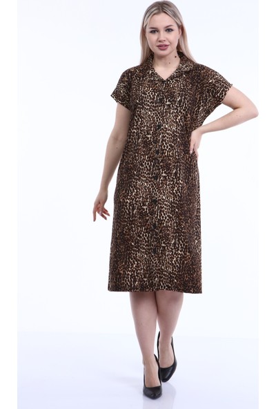 Big Free TB21YB110029 Leopar Kadın Gömlek Yaka Midi Boy Elbise