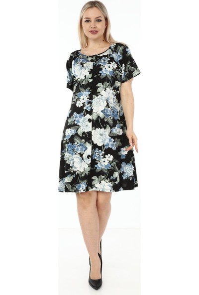 Big Free TB21YB110030 Siyah_mavi Kadın Düğmeli Lastik Yaka Midi Boy Elbise