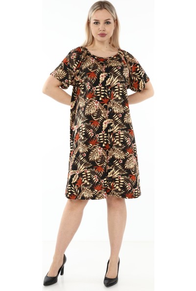 Big Free TB21YB110030 Siyah_kiremit Kadın Düğmeli Lastik Yaka Midi Boy Elbise